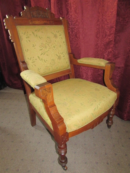 Lot Detail - ANTIQUE UPHOLSTERED CARVED WOOD ARM CHAIR Lot Detail - ANTIQUE UPHOLSTERED CARVED WOOD ARM CHAIR